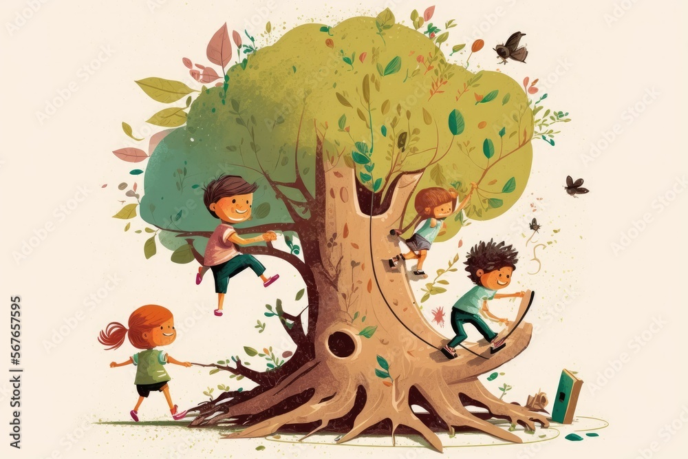 AI-generated illustration depicts joyful children playing in a tree ...