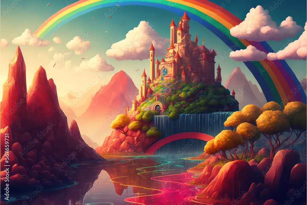 Beautiful castle house with rainbow colourful theme illustration ...