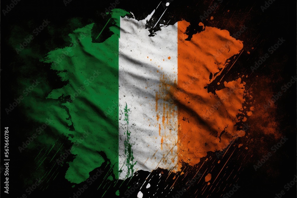 Irish flag on the black background with the geographical relief of ...
