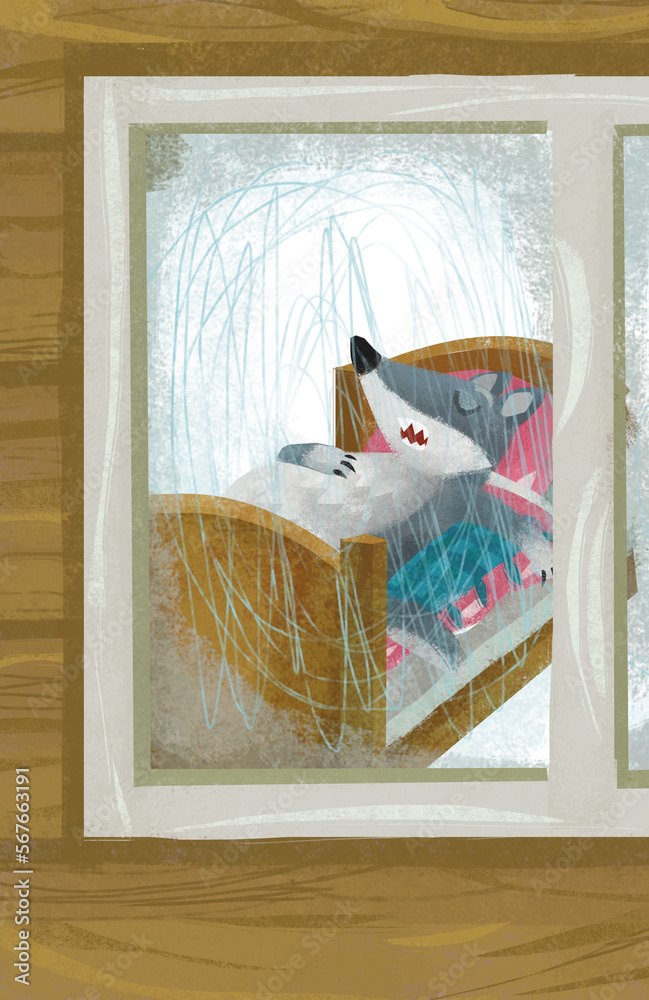 cartoon scene with wolf in the window of wooden house illustration for ...