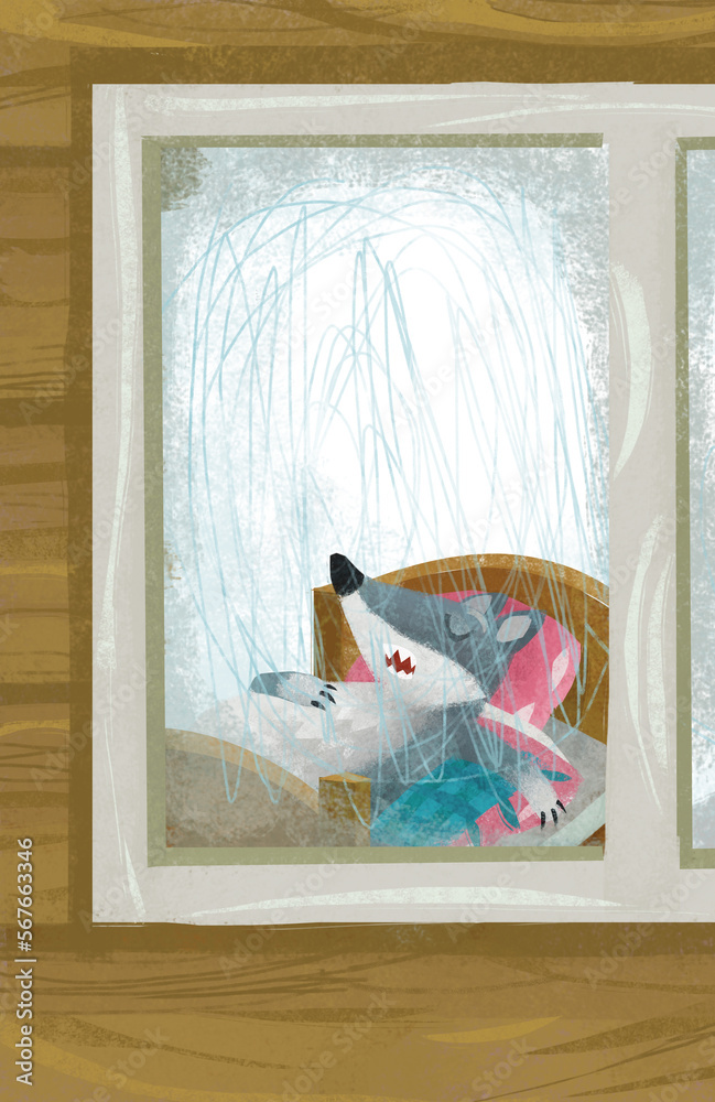cartoon scene with wolf in the window of wooden house illustration for ...