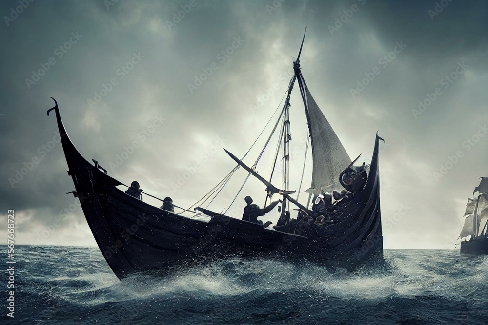 Viking King standing at the bow of a viking sailboat, screaming before ...