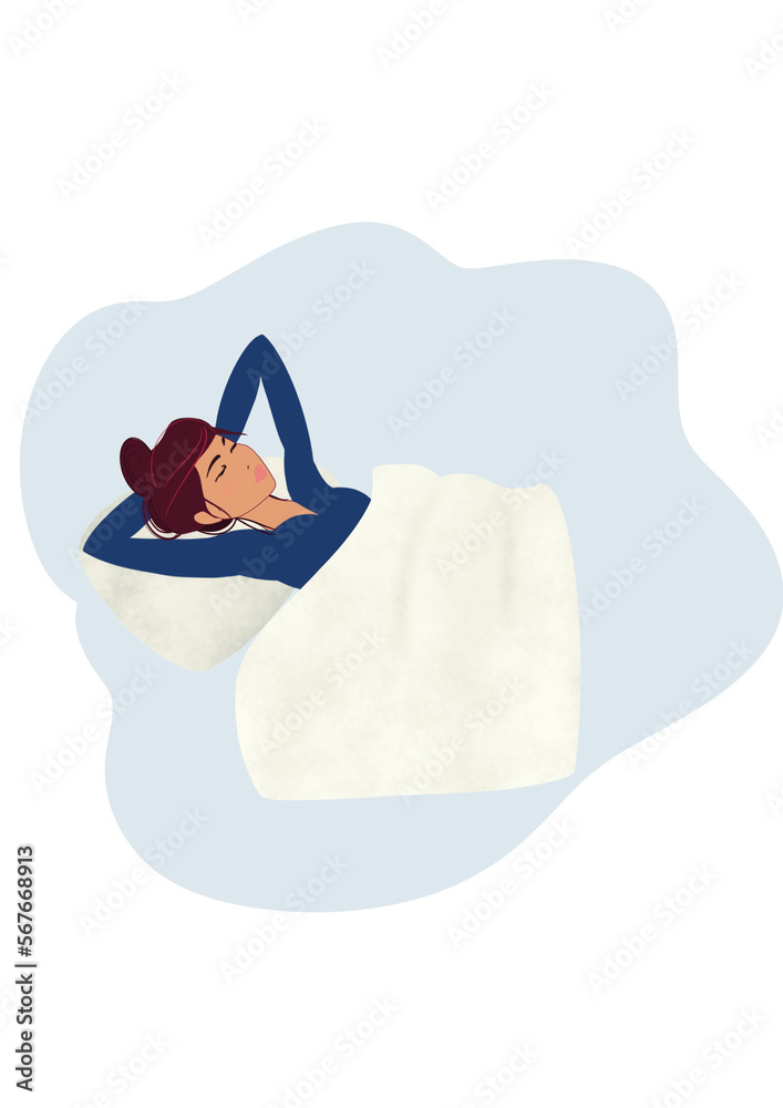 Illustration of a Japanese woman resting. Woman in bed sleeping. Hand ...