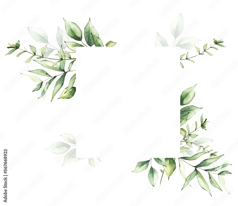 Delicate greenery square frame template watercolor painted. Branches ...