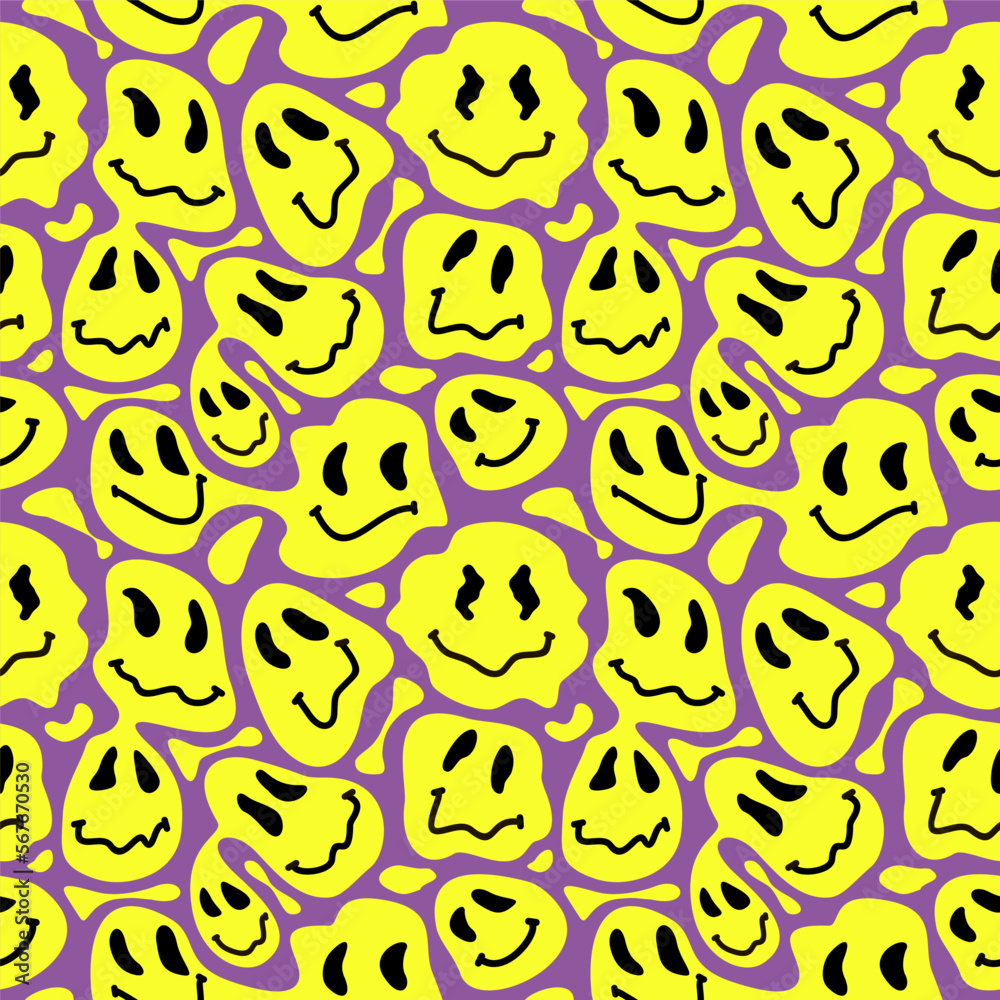 Funny melt smiley faces seamless pattern. Lava lamp, water drops, drug ...