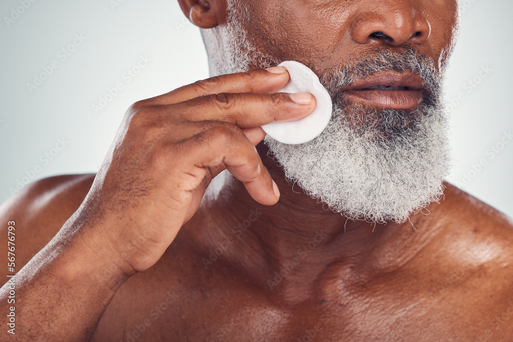 Beauty, cotton and wipe by senior man cleaning skin for skincare ...