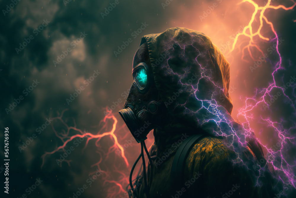 Post apocalyptic survivor in gas mask. Environmental disaster ...