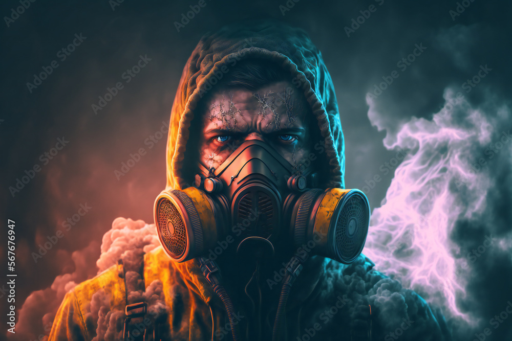 Post apocalyptic survivor in gas mask. Environmental disaster ...