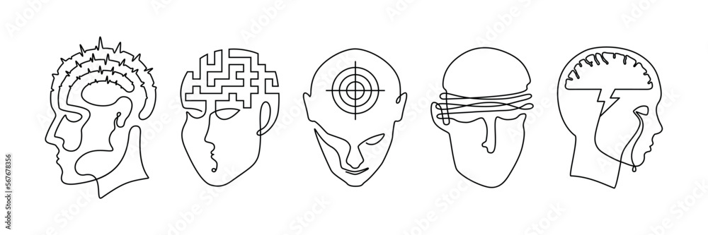 Mental disorder a continuous line drawing set, one line abstract ...