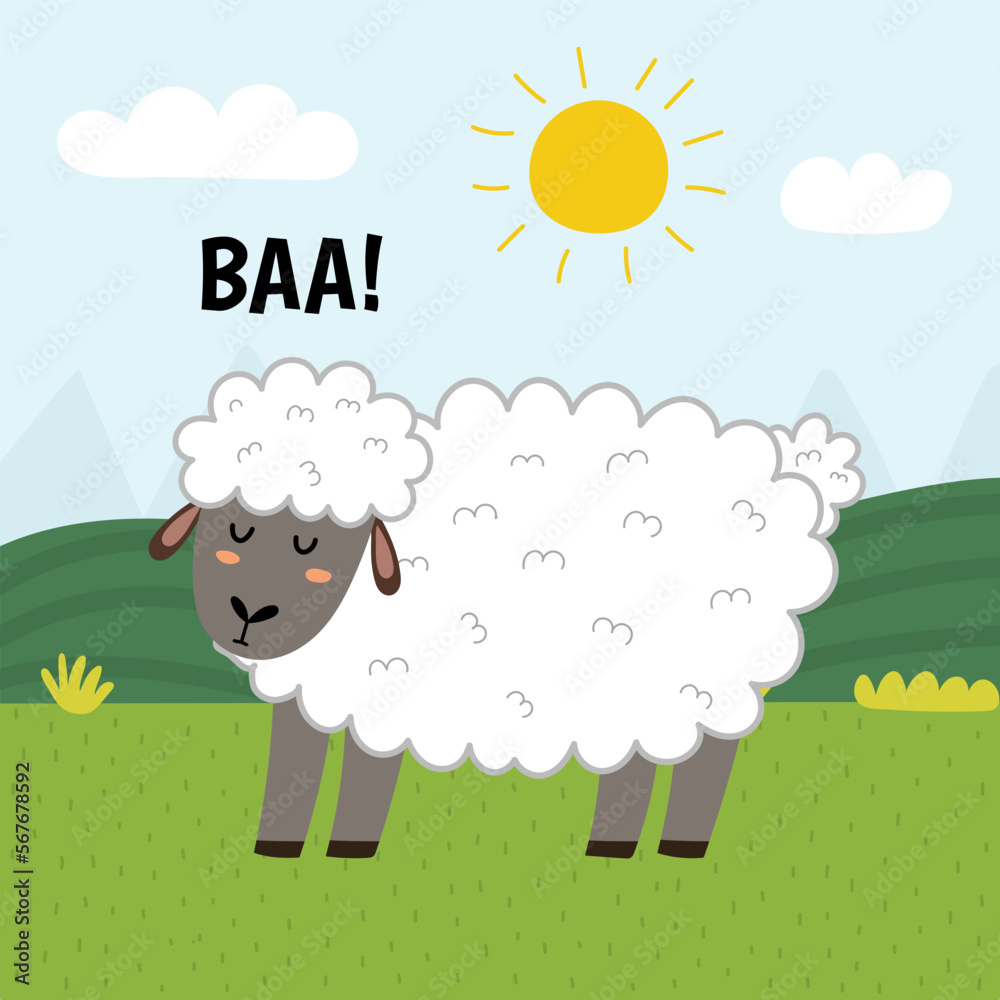 A sheep saying baa print. Cute farm character on a green pasture making ...