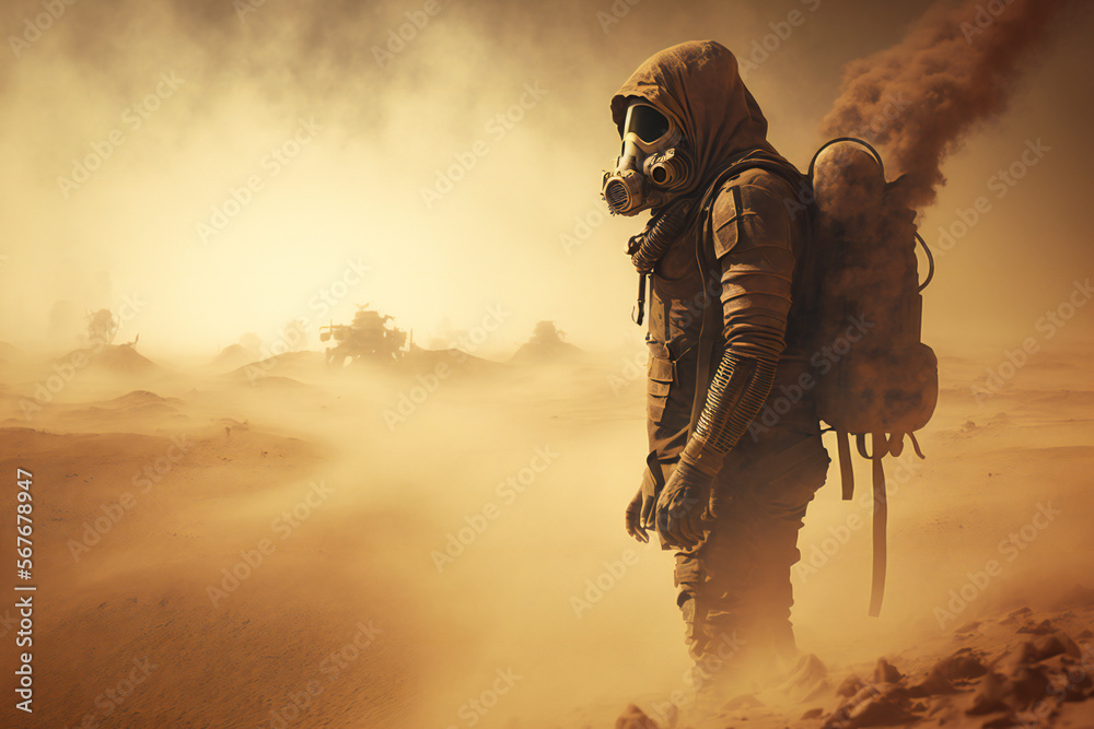 Post apocalyptic survivor in gas mask. Environmental disaster ...