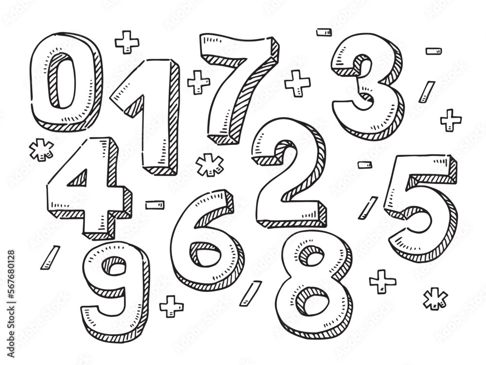 Hand-drawn vector drawing of a set of Numbers And Mathematical Symbols ...