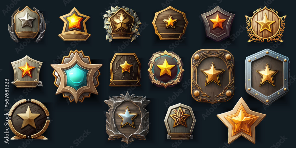Ranking badges with star, shield and fantasy frame for game ui, gui ...