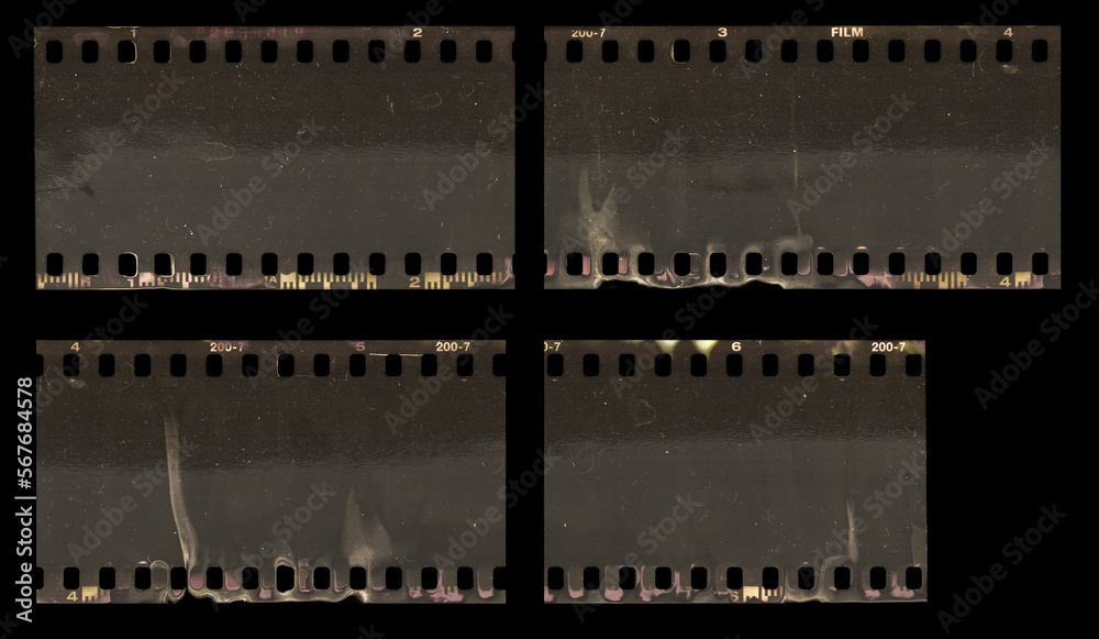 pieces of long 35mm negative film strip isolated, real scan of empty ...