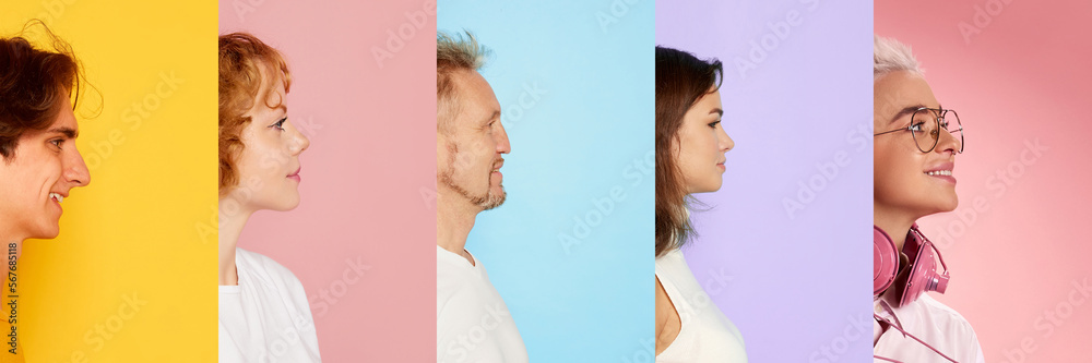 Collage. Side view portraits of diverse people, men and women posing ...