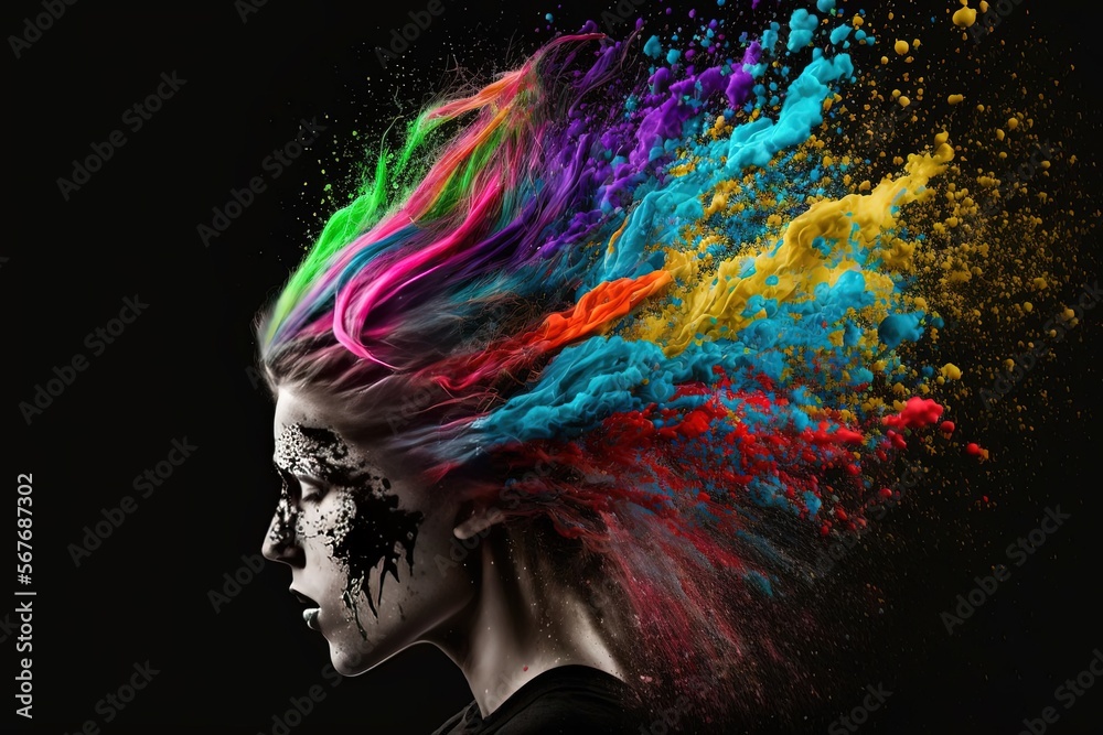 Epic 3D Abstract Emo Girl: Close-Up of Side Profile with Colored Hair ...