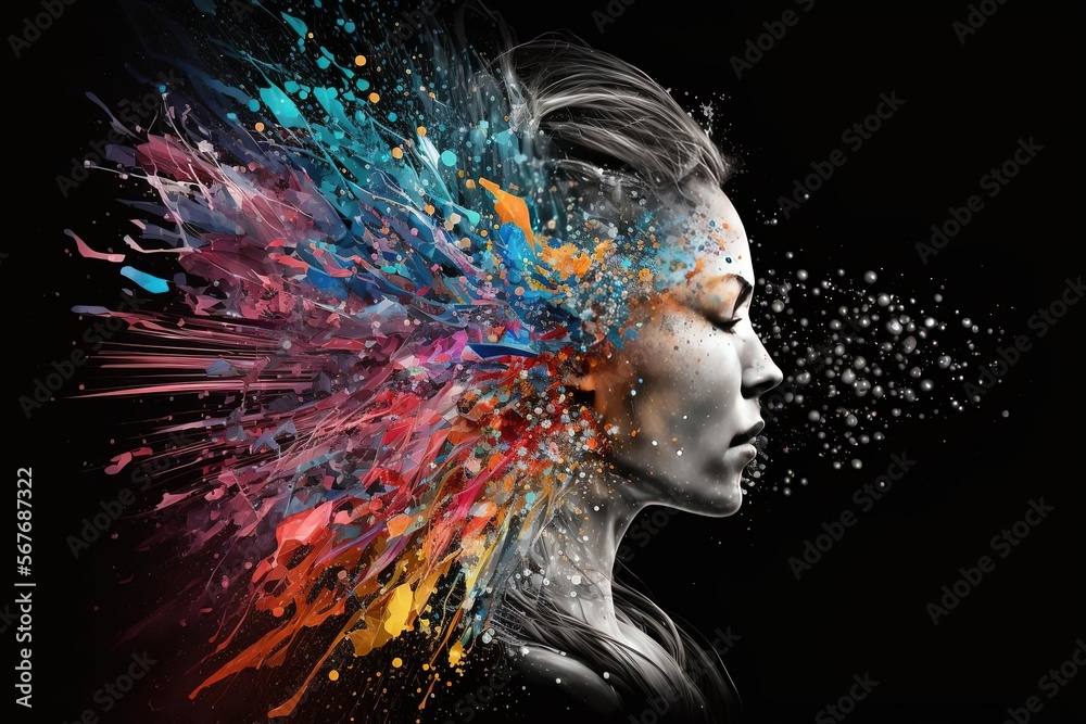 Digital Art Explosion: Intricate Flowing Paint Splatters onto a Woman's ...