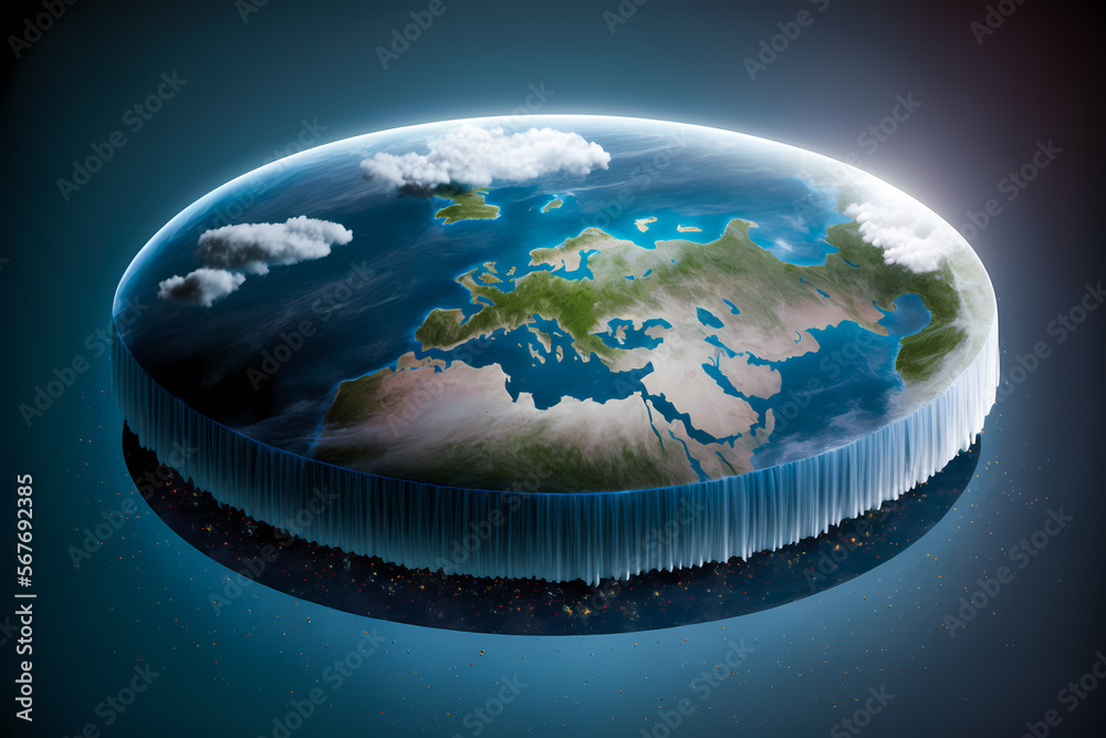 Flat Earth in space. Concept mythology universe and world are disk ...