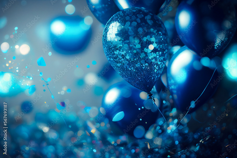 Holiday's blue background with deep blue balloons, confetti, sparkles ...