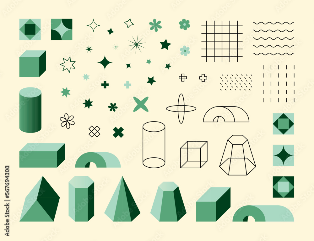 Set of geometric shapes and cartoon objects, graphic design elements ...