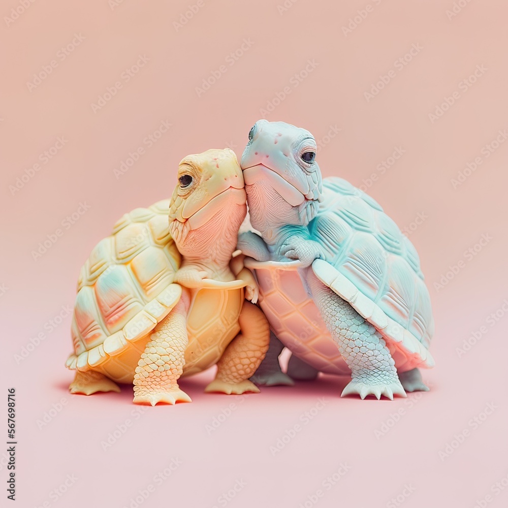 Animal tender, romantic love, pastel background. Baby turtles hug and ...