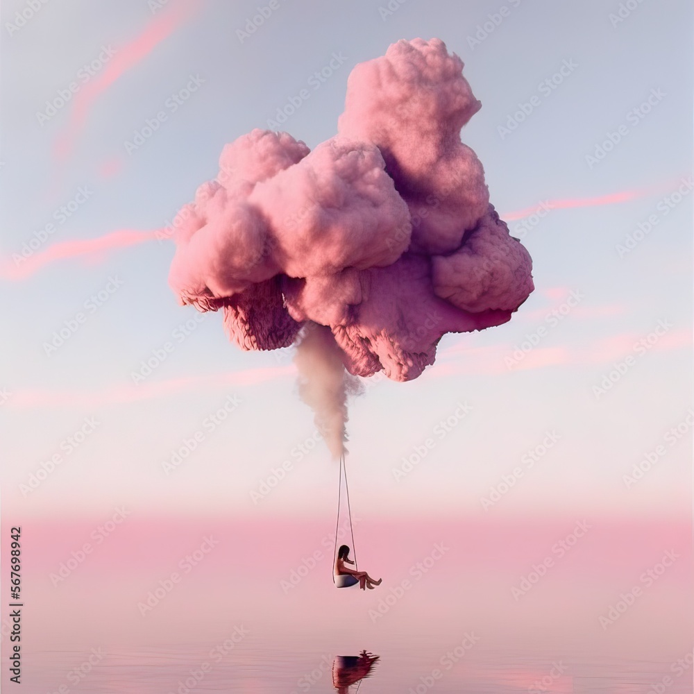 Pink creative concept under pastel, thick, fluffy, clouds purple sky ...