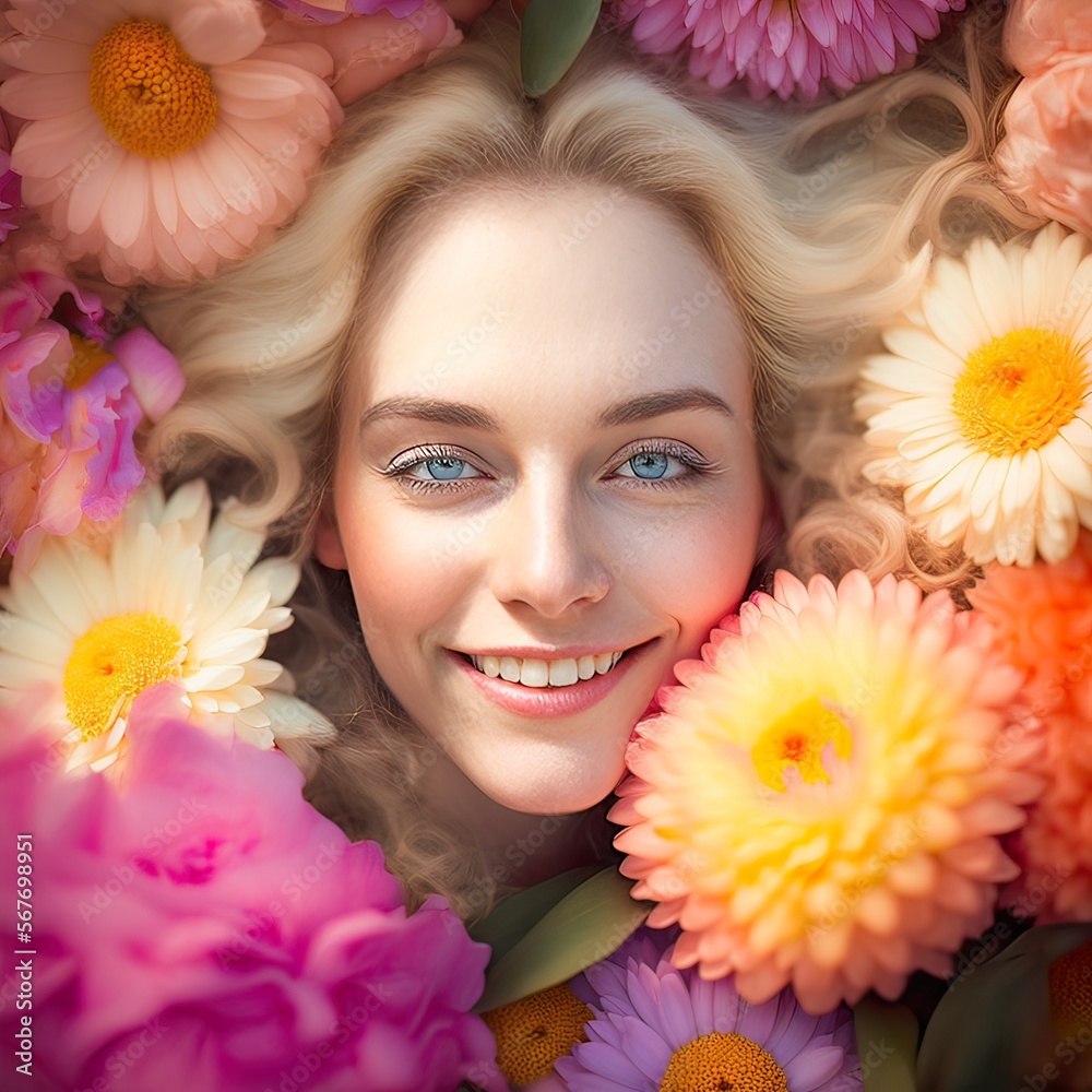 Love, beautiful woman portrait in vivid, fresh, Spring, flowers ...