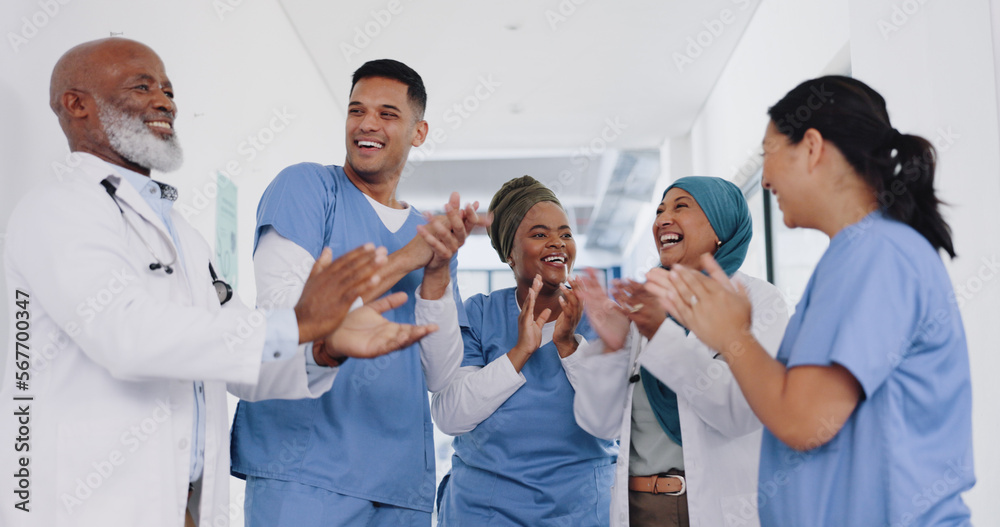 Applause, healthcare teamwork and hospital success, collaboration or motivation. Diversity ...