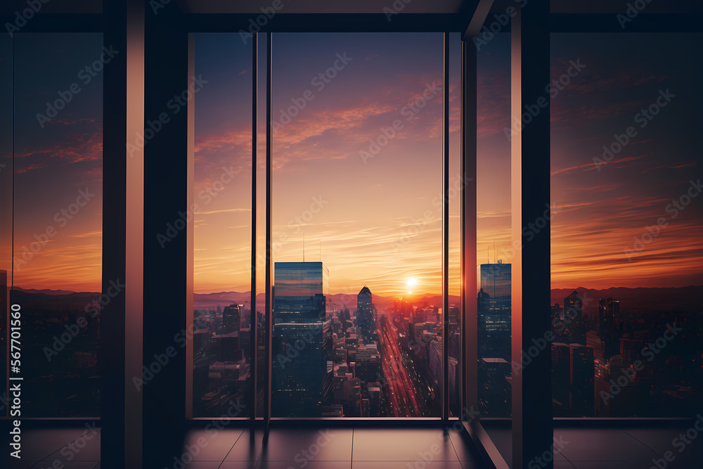 Big city view with glowing sun or sunset on cloudy sky background ...