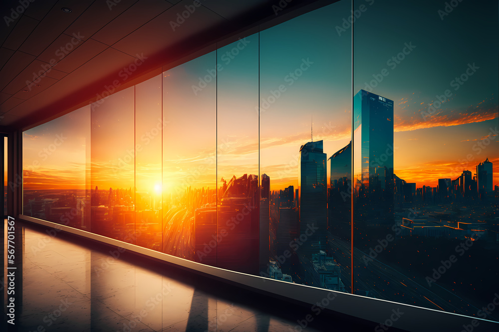 Big city view with glowing sun or sunset on cloudy sky background ...