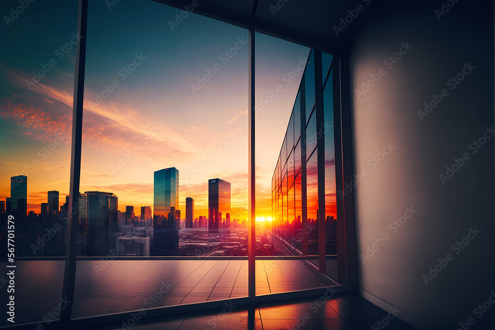 Big city view with glowing sun or sunset on cloudy sky background ...