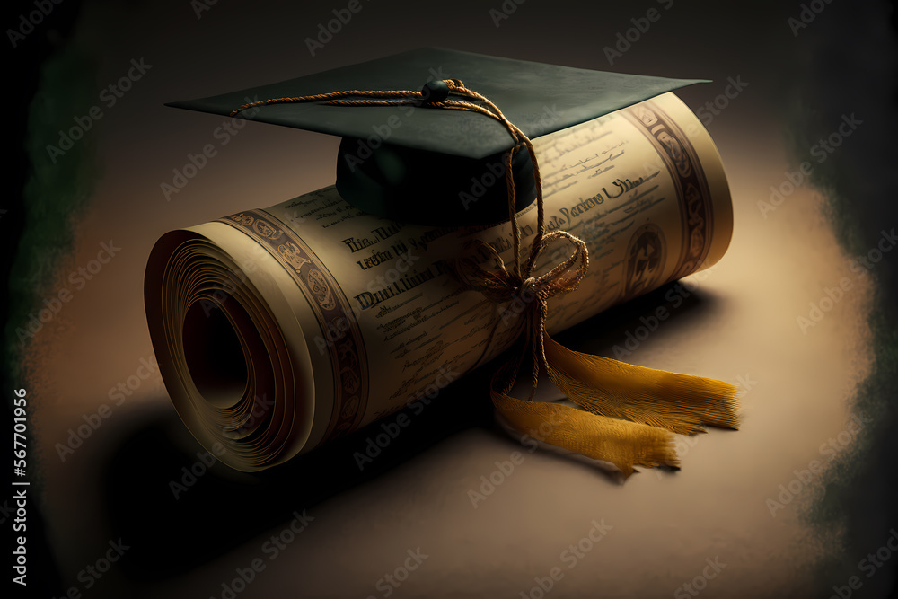 A diploma rolled up and tied with a ribbon with academic cap or ...