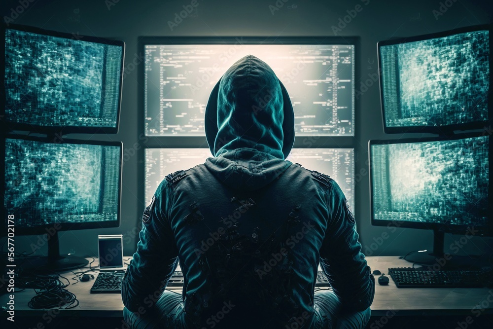 Back view of hacker sitting in front a computer screen with multiple ...