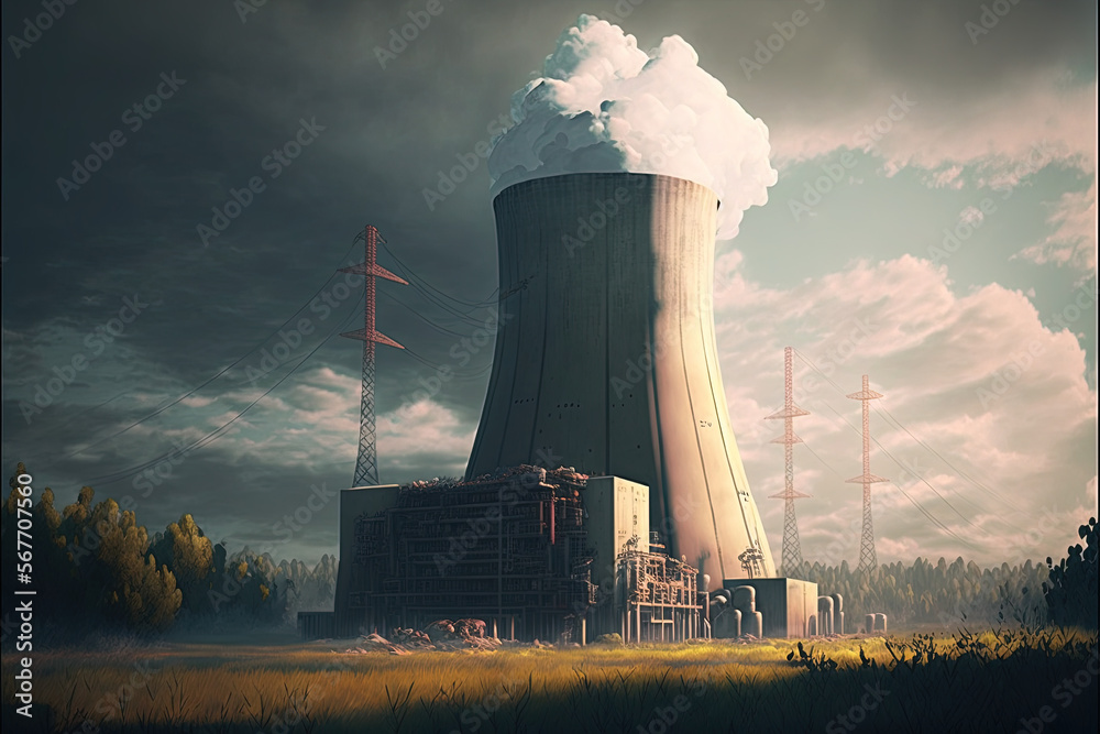 A nuclear power plant with smoke coming out of the pipes. Pollution of ...