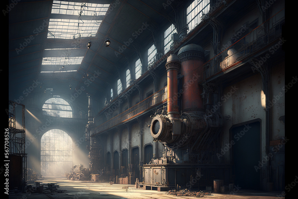 Progressive industrial factory. Steampunk, abandoned building, post ...