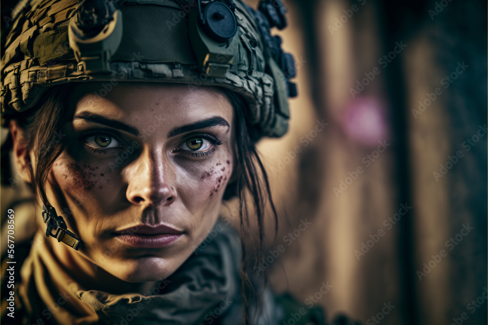 Portrait of young female soldier. Woman in military uniform on the war ...