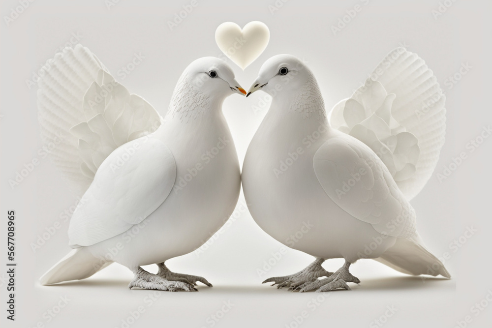 Zwei weiße Tauben mit weißem Herz bilden ein Herz mit ihren Köpfen ...