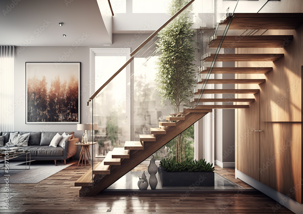 A contemporary interior design featuring a stair with glass railing ...