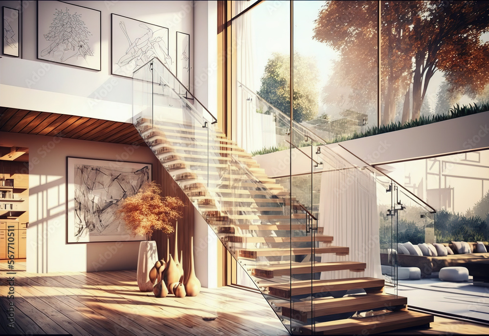 A contemporary interior design featuring a stair with glass railing ...