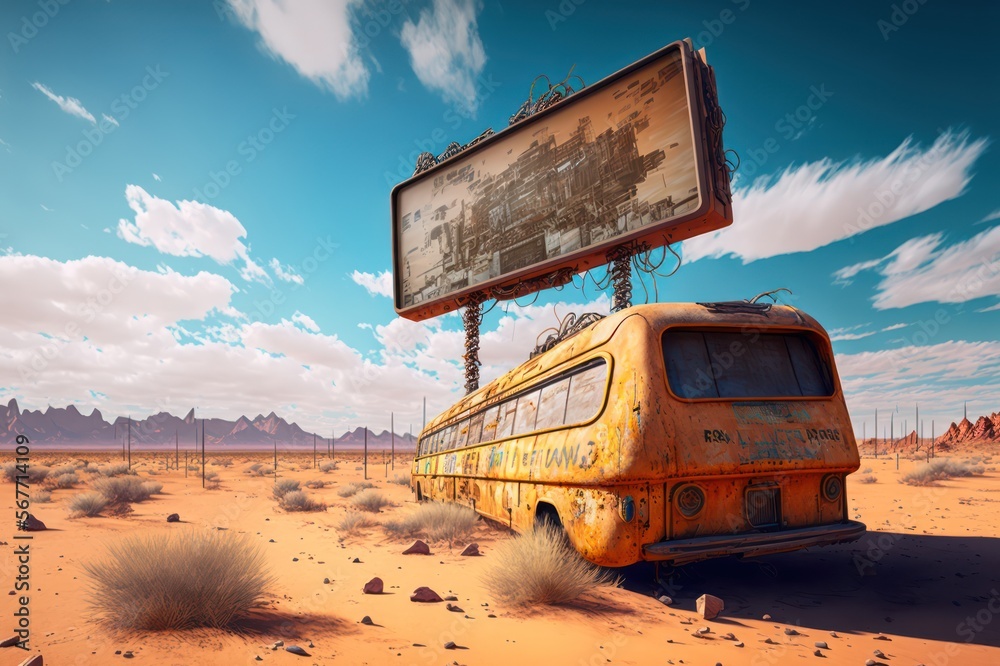 Dystopia retrofuturism desert scene. Old school bus with dilapidated ...