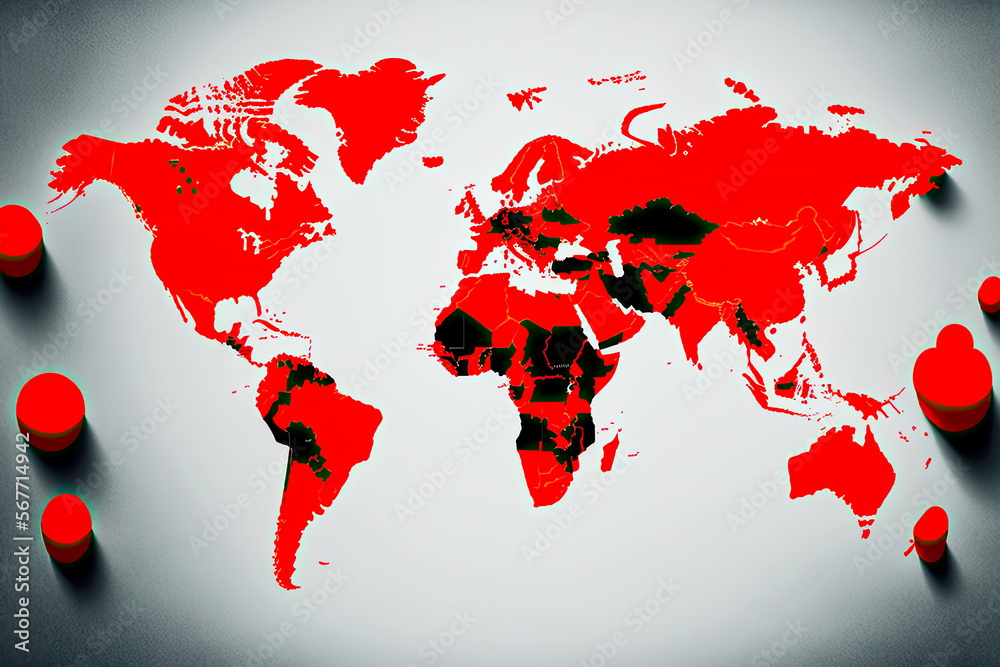 world map with location pins and symbols of countries in red Stock ...