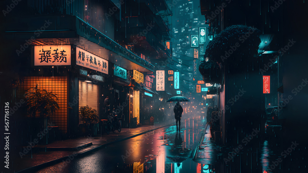 rainy night in cyberpunk chinese city street, neural network generated ...