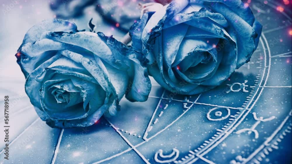 two blue roses lying on horoscope with zodiac symbols with falling ...