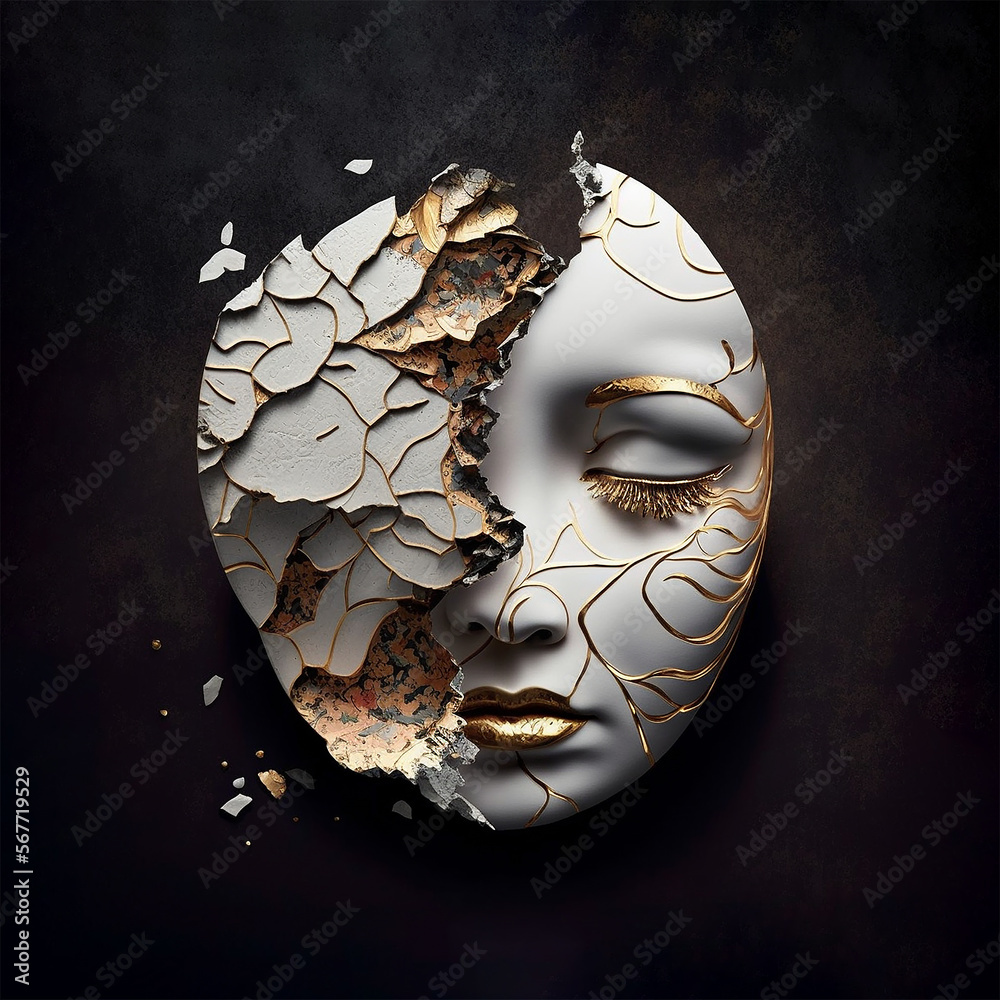 Kintsugi face with golden cracks, AI generated. Stock Illustration ...