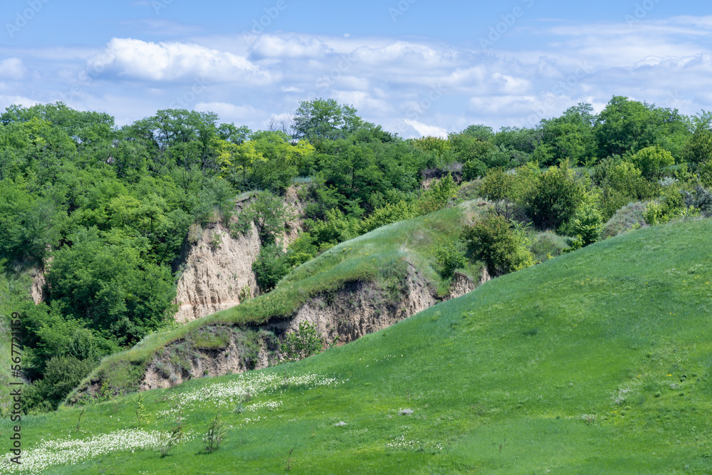 View ravine covered with greenery. Landscape valley with geological ...