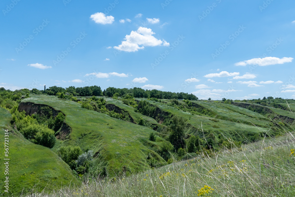 View ravine covered with greenery. Landscape valley with geological ...