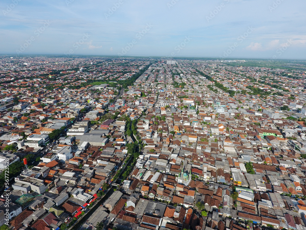 An aerial photo depicting a dense residential area in the city of ...