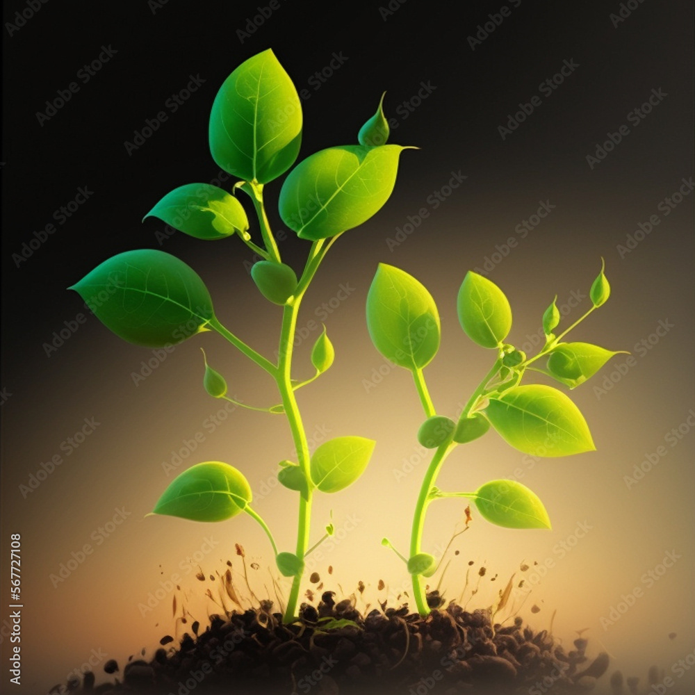 Growth plants concept in the nature morning light on green background ...