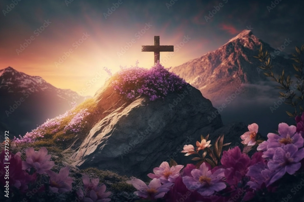 Crucifixion of Jesus Christ - Cross at sunrise on a mountain and a ...