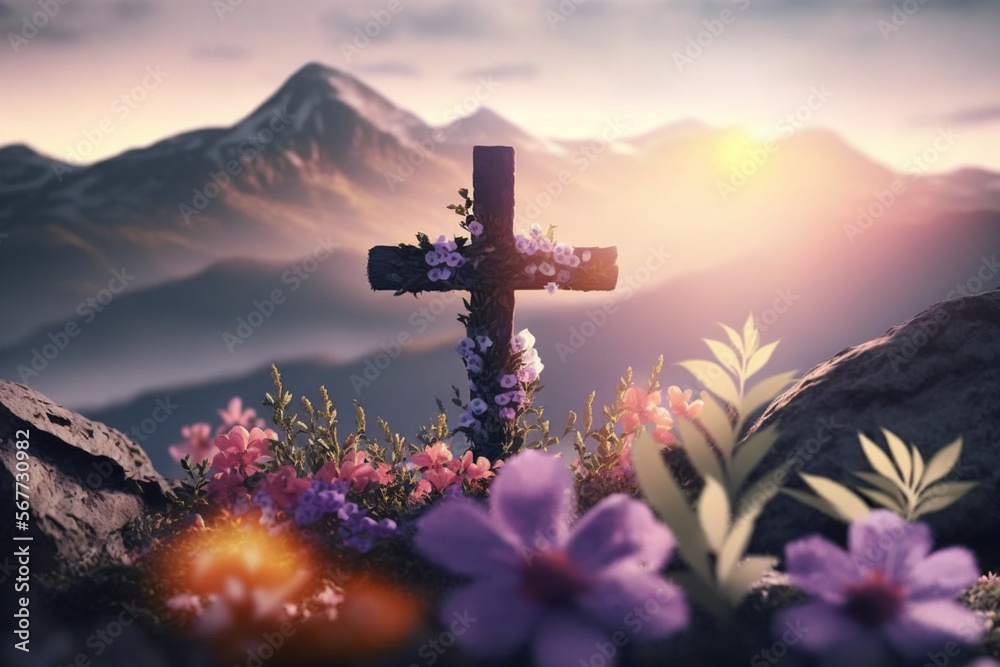 Crucifixion of Jesus Christ - Cross at sunrise on a mountain and a ...